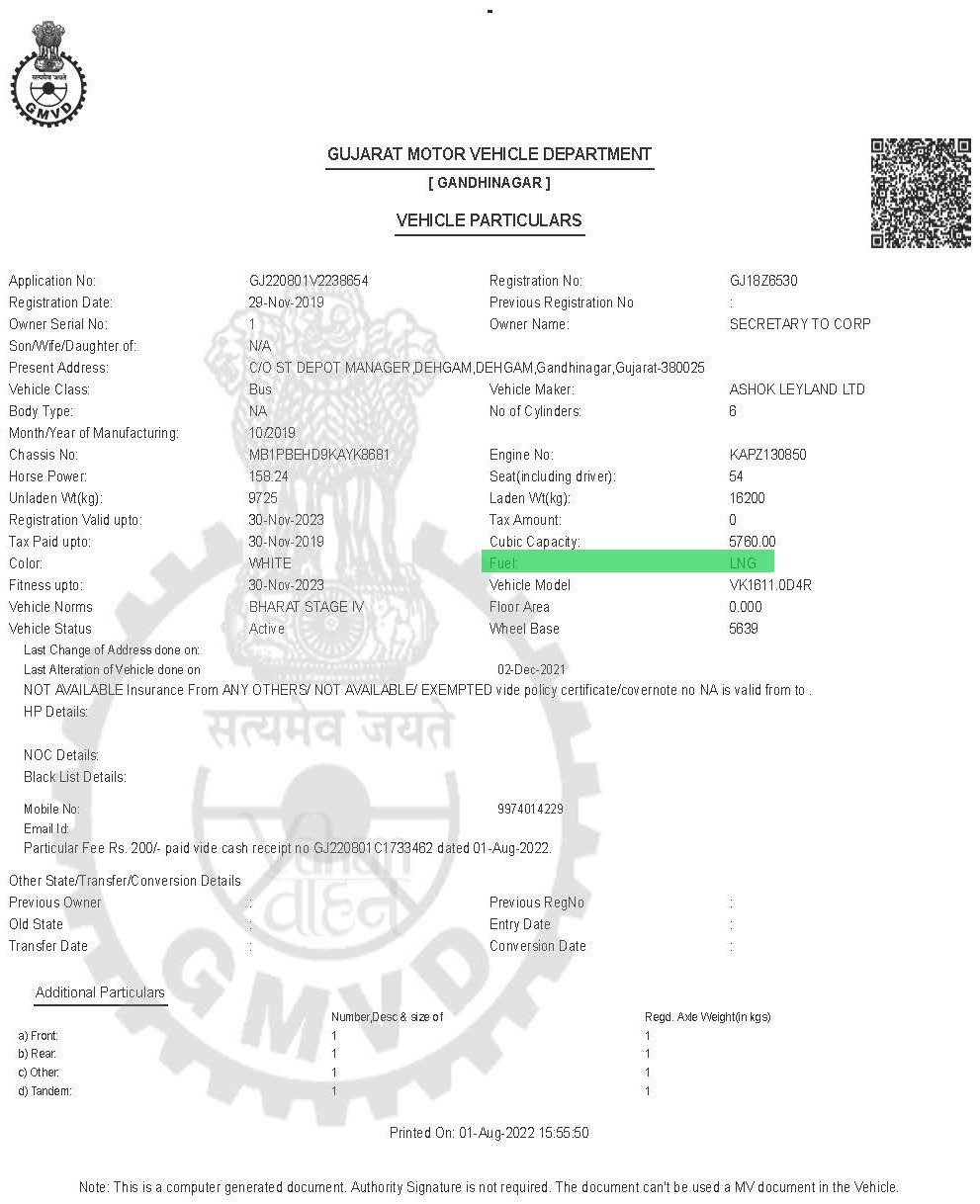 RC Book of GSRTC BSIV Bus converted from Diesel to LNG as Mono Fuel